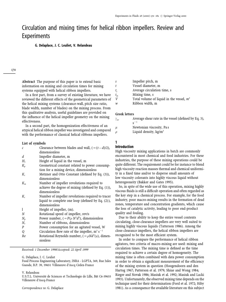 Circulation and Mixing Times For Helical Ribbon Impellers. Review and ...