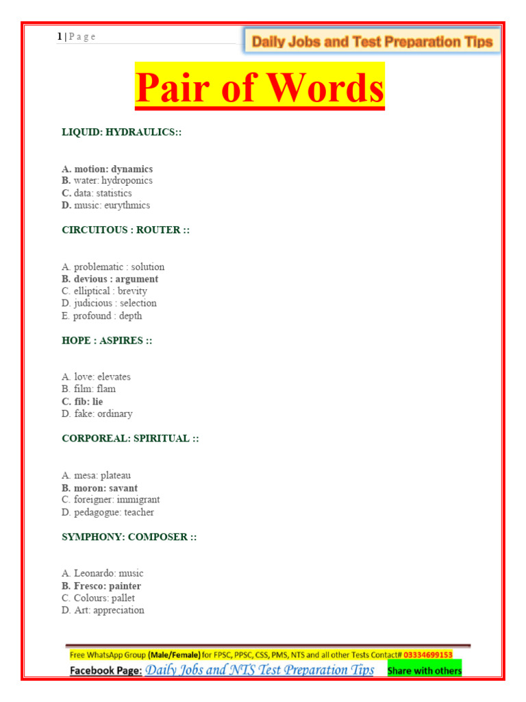Word Pair Analogy Exercises | PDF