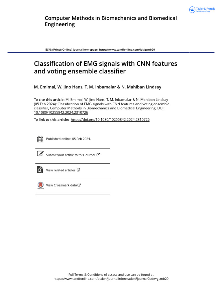 Classification Of Emg Signals With Cnn Features And Voting Ensemble Classifier Pdf