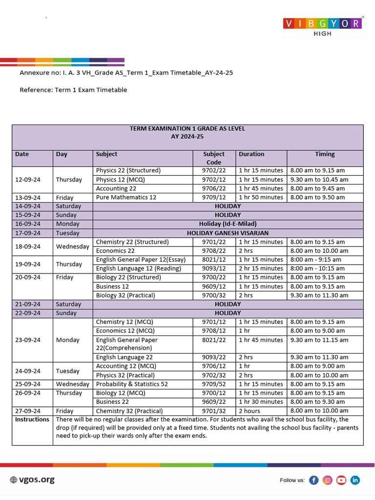 Annexure I. A. 3 VH - Grade As - Term 1 - Exam Timetable - Ay 24 25 | PDF