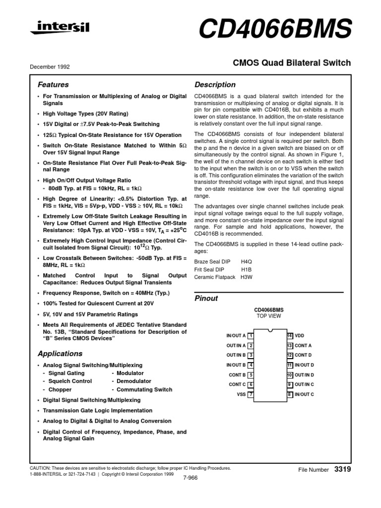 Datasheet Cd4066 | PDF | Cmos | Switch