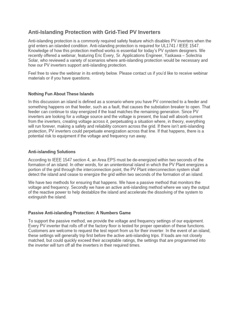 Anti-Islanding Protection With Grid-Tied PV Inverters | PDF
