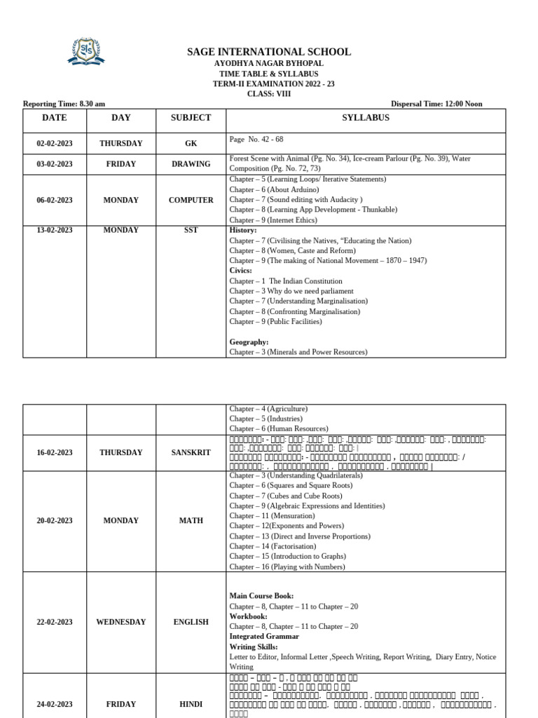 Updated Class - Viii Term 2 Syllabus & Time Table | PDF