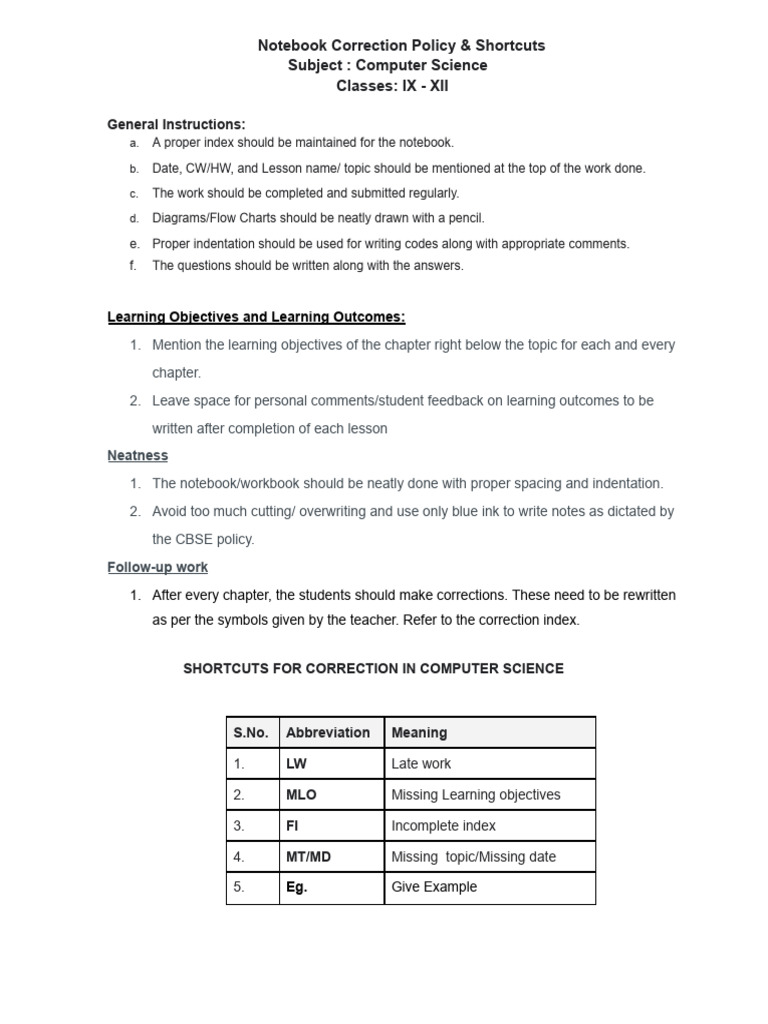 Notebook Correction Policy - Shortcuts | PDF