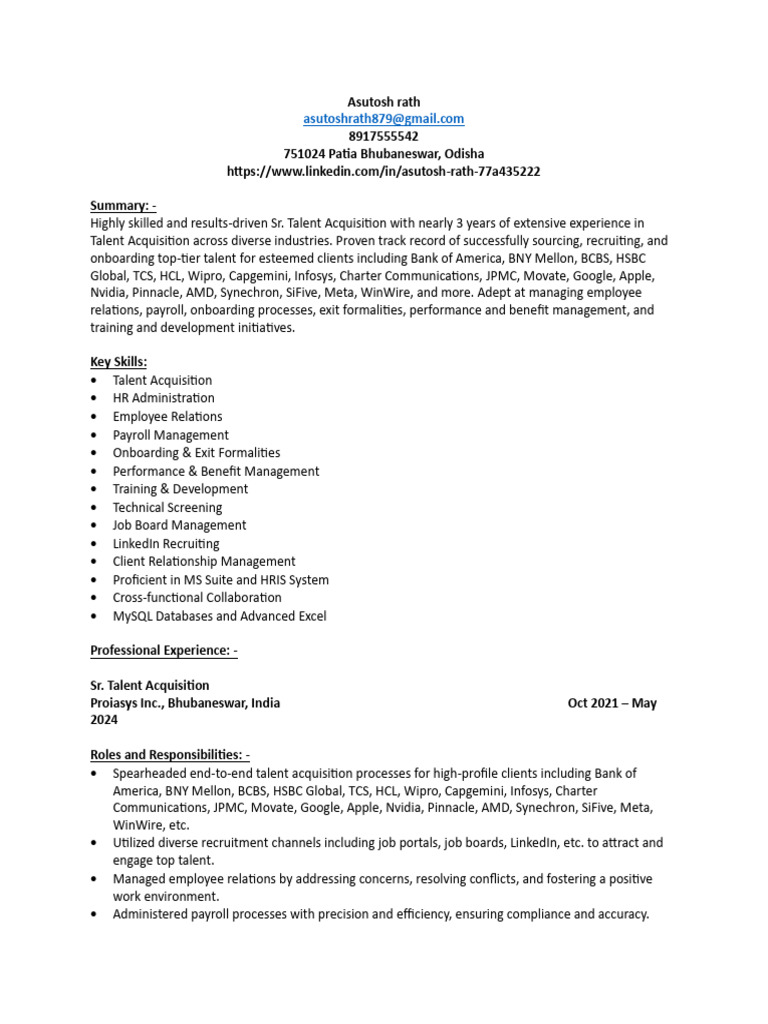 Asutosh Rath - Sr. TA Specialist | PDF | Employee Retention | Economies