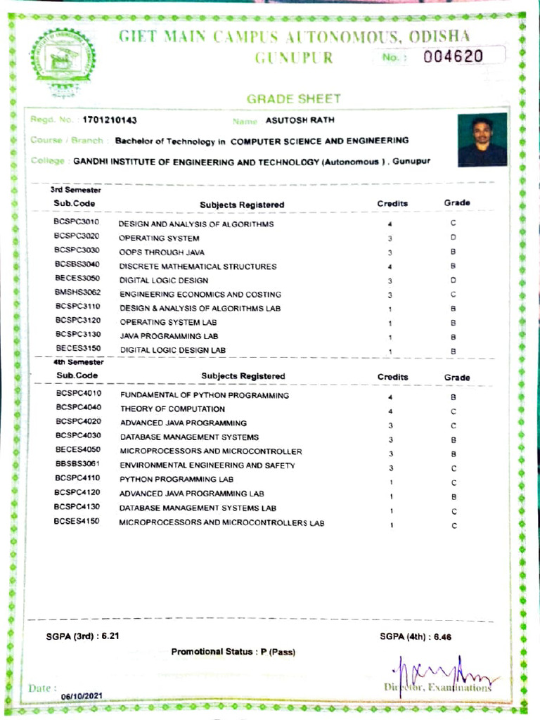BPUT Grade Sheet: Asutosh Rath | PDF