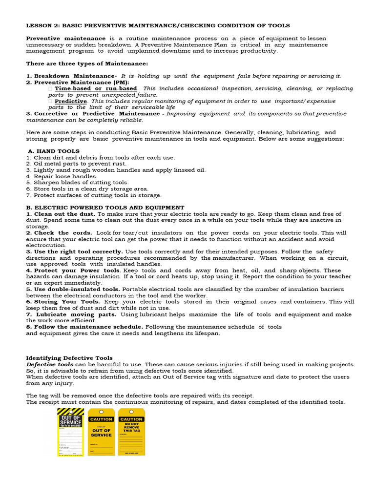 Lesson 2 - Preventive Maintenance and Checking Condition of Tools | PDF