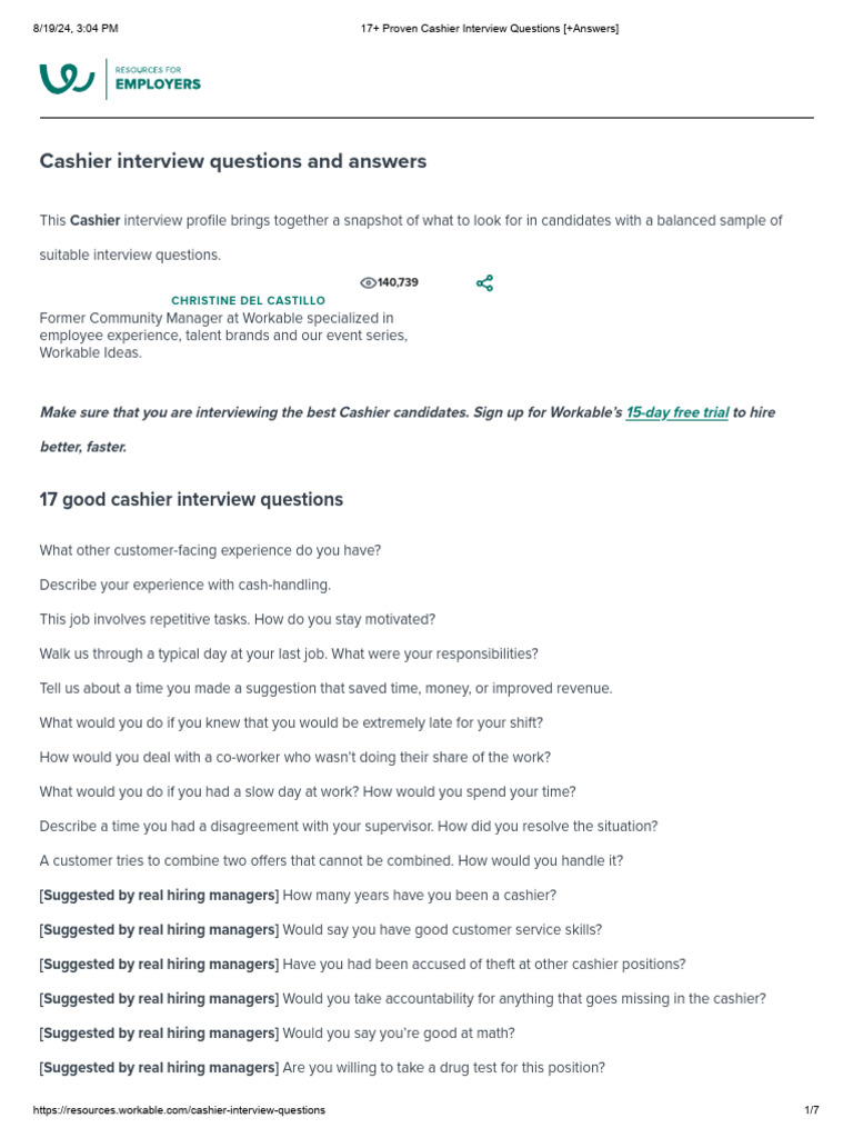 17+ Proven Cashier Interview Questions (+answers) | PDF | Integrity | Cash