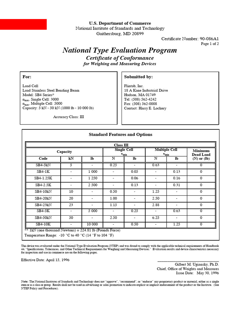 Sb4 Beam Cert Ntep | PDF | Metrology