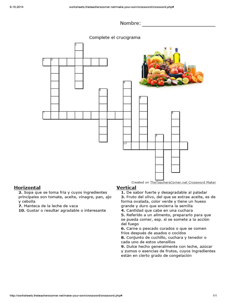 Crucigrama Comida | PDF