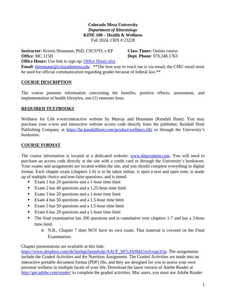 KINE 100 Syllabus Fall 2024 - 011-23228 | PDF