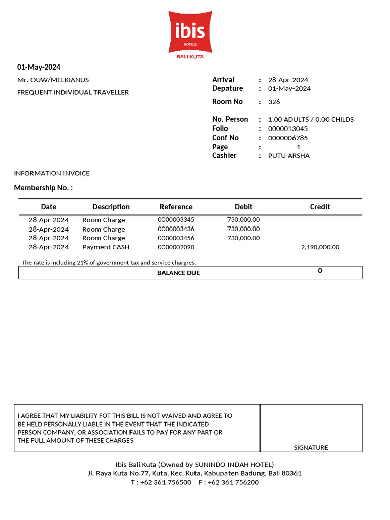 Bill Hotel Ibis MEL | PDF