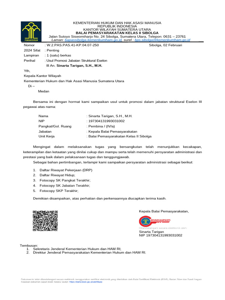 Surat Usulan Promosi Jabatan Struktural Eselon III An. Tariak Borusi, S ...