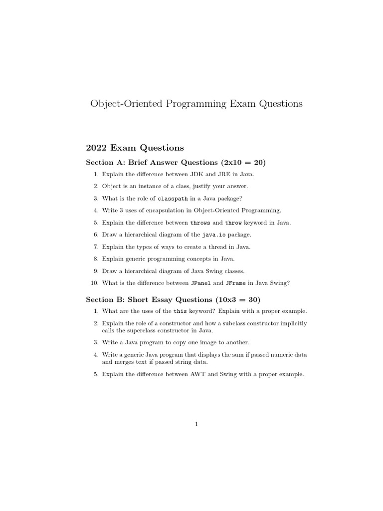 Oops Important Questions Pdf Class Computer Programming Java Programming Language