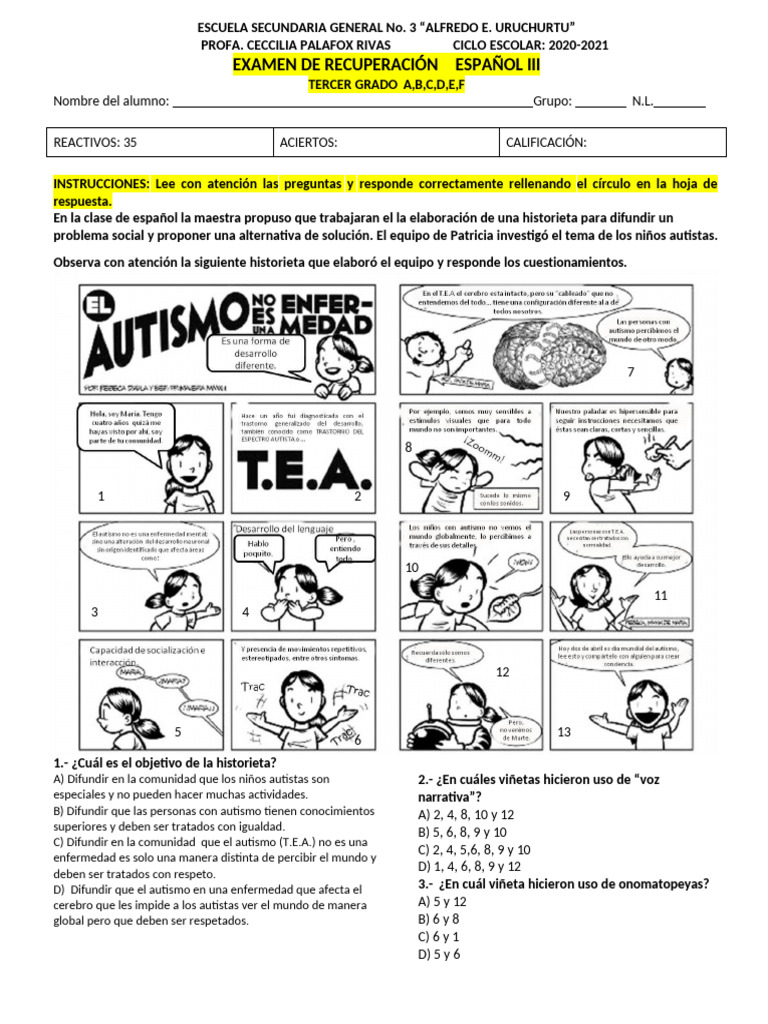 Examen de Recuperacion Espanol III | PDF