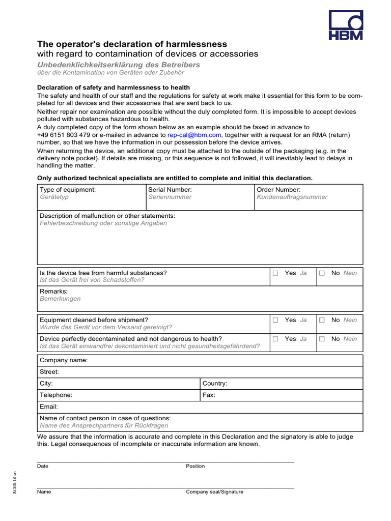 The Operator's Declaration of Harmlessness With Regard To Contamination ...