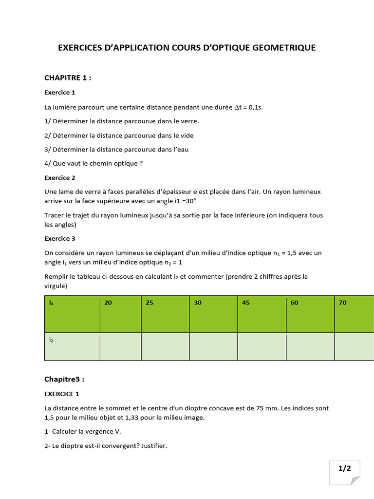 Exercices D'application Cours Optique Geometrique | PDF