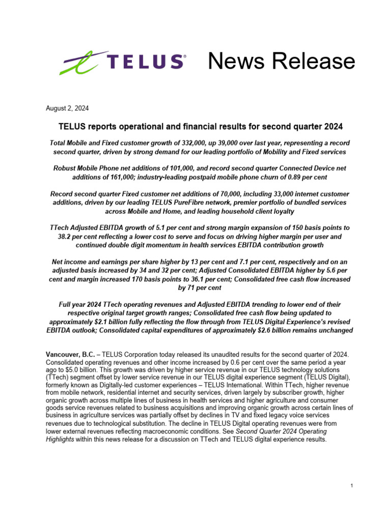 TELUS Q2 2024 News Release EN 08022024 | PDF