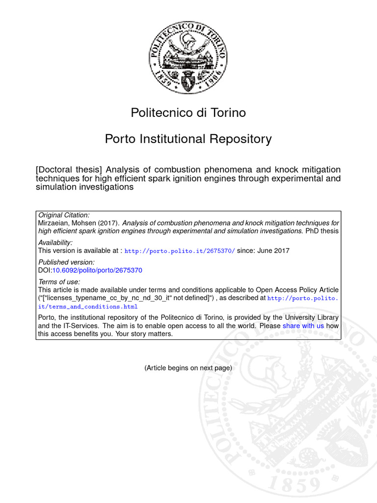 2017 Analysis of Combustion Phenomena and Knock Mitigation Techniques For High Efficient Spark ...