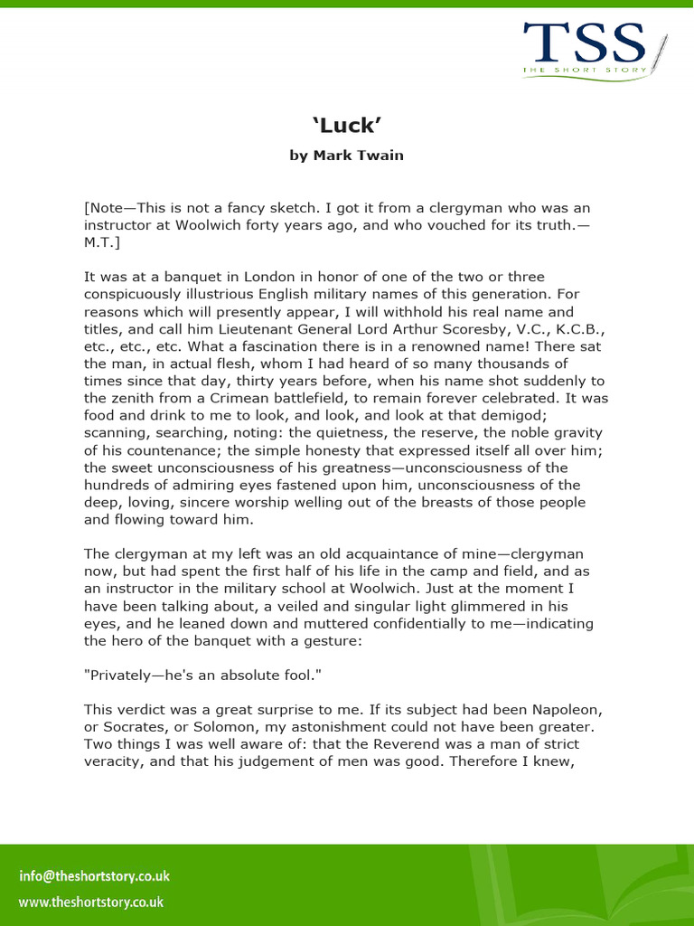 Short Stories Mark Twain Luck | PDF