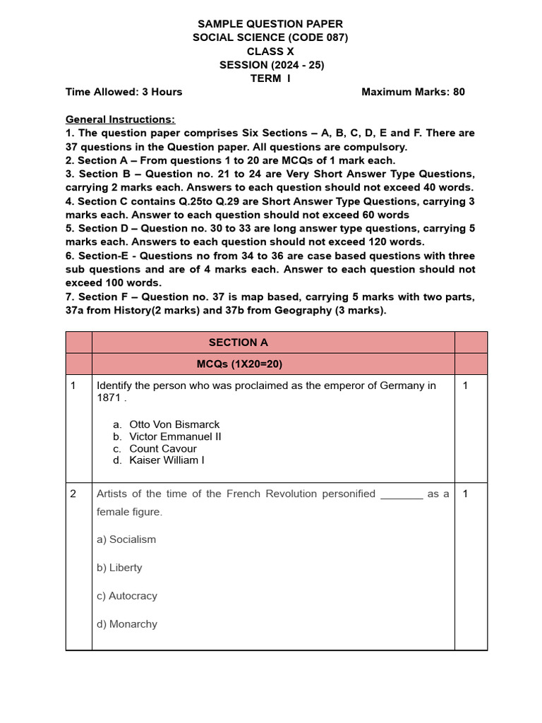 Class 10 Term I Sample Question Paper | PDF