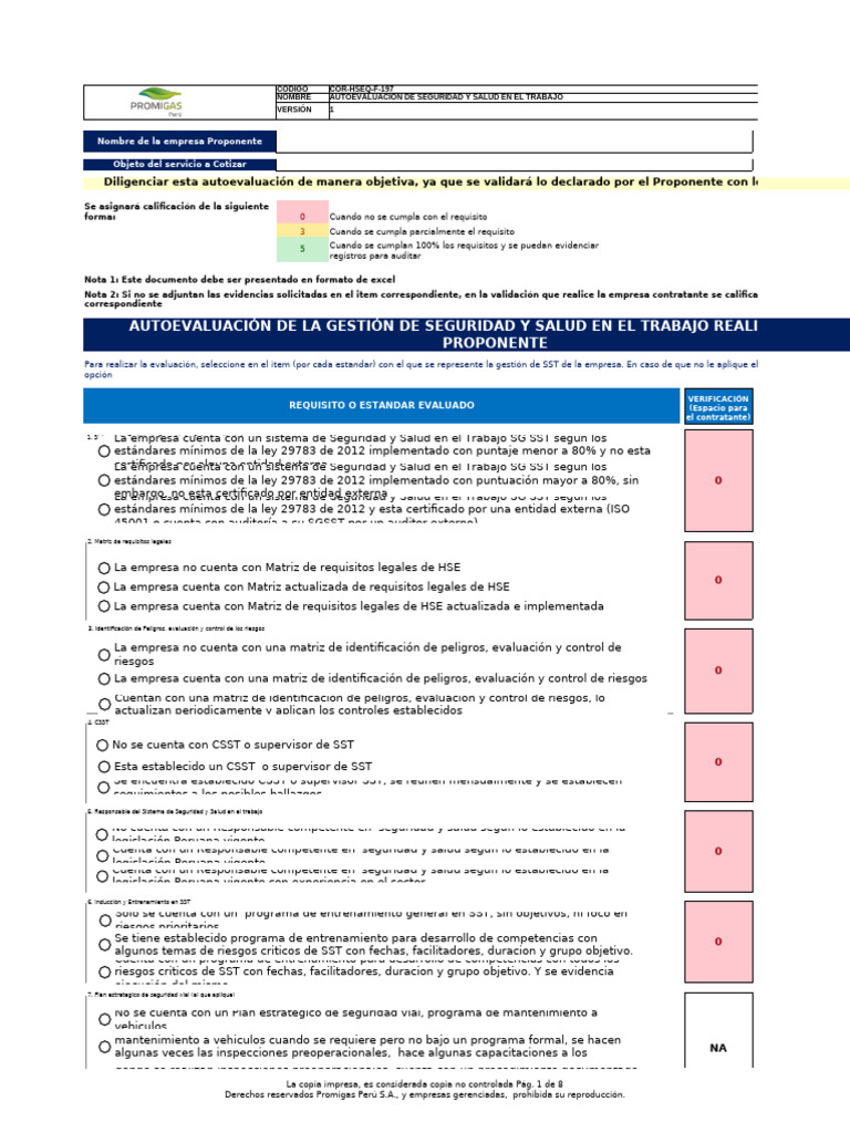 COR-HSEQ-F-197 Autoevaluación SST - V1 | PDF