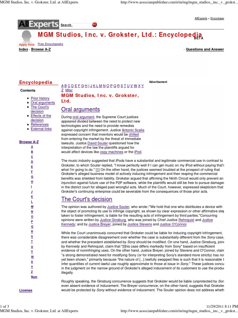 MGM Studios, Inc. v. Grokster, Ltd. at All Experts | PDF | Information ...