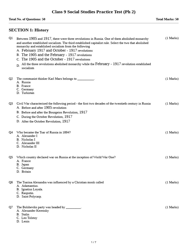 Class 9 Social Studies Practice Test (PH 2) | PDF
