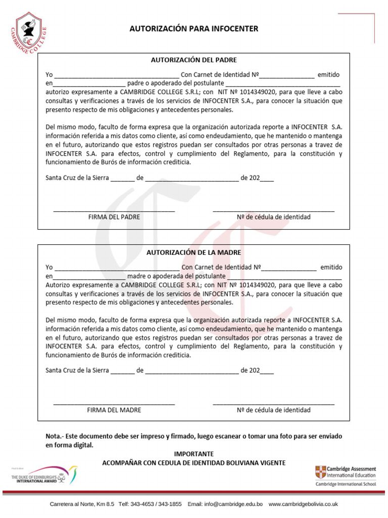 1 AutorizaciÃ N Infocenter | PDF | Documento de identidad | Derecho