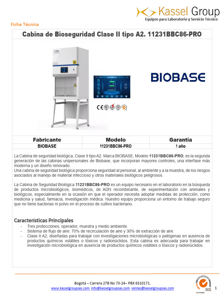 FT - Cabina de Bioseguridad Clase II Tipo A2. 11231BBC86-PRO | PDF