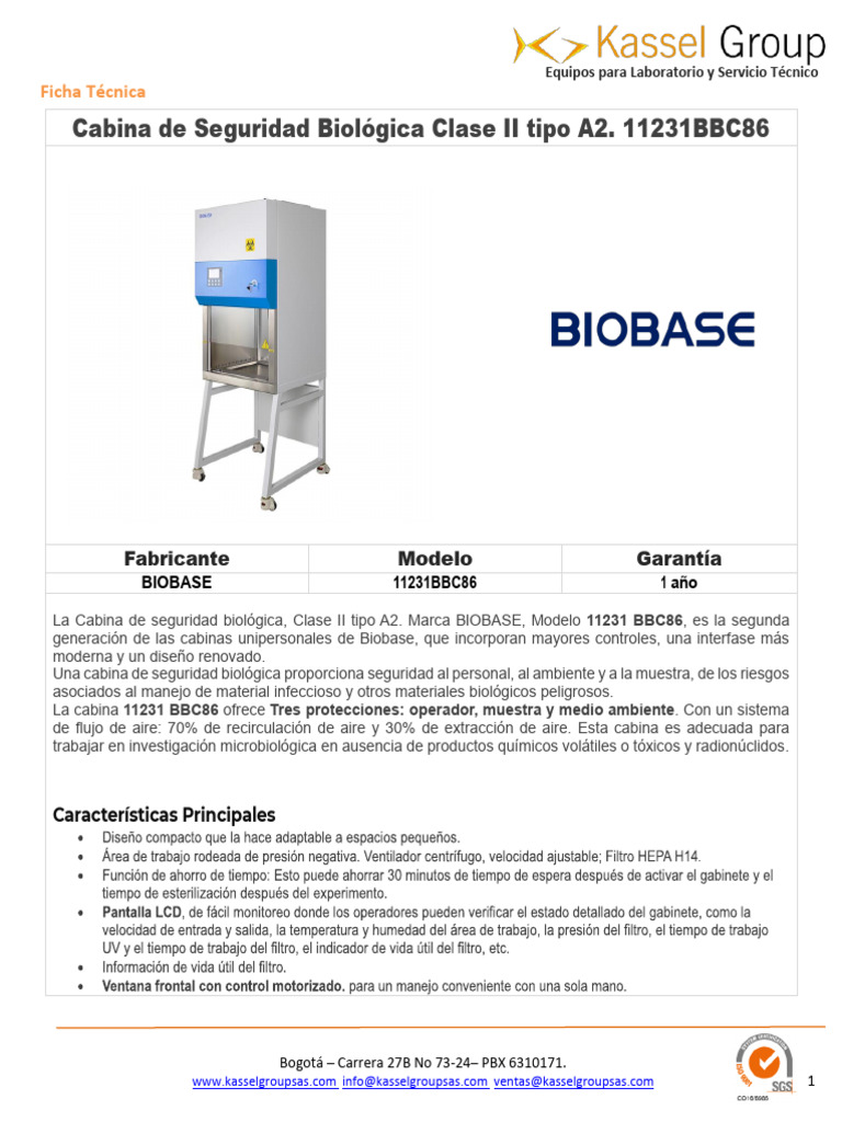 FT - Cabina de Seguridad Biológica Clase II Tipo A2. 11231BBC86 | PDF