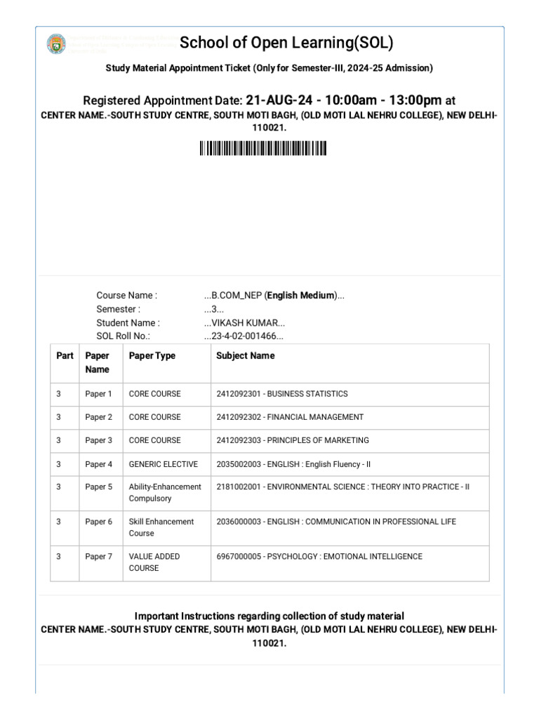 Semester - 3 SOL Study Material Appointment | PDF