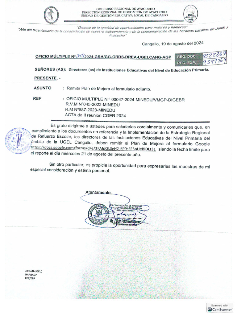 Oficio Remitir Plan de Mejora y Horario de Refuerzo Escolar-Primaria | PDF