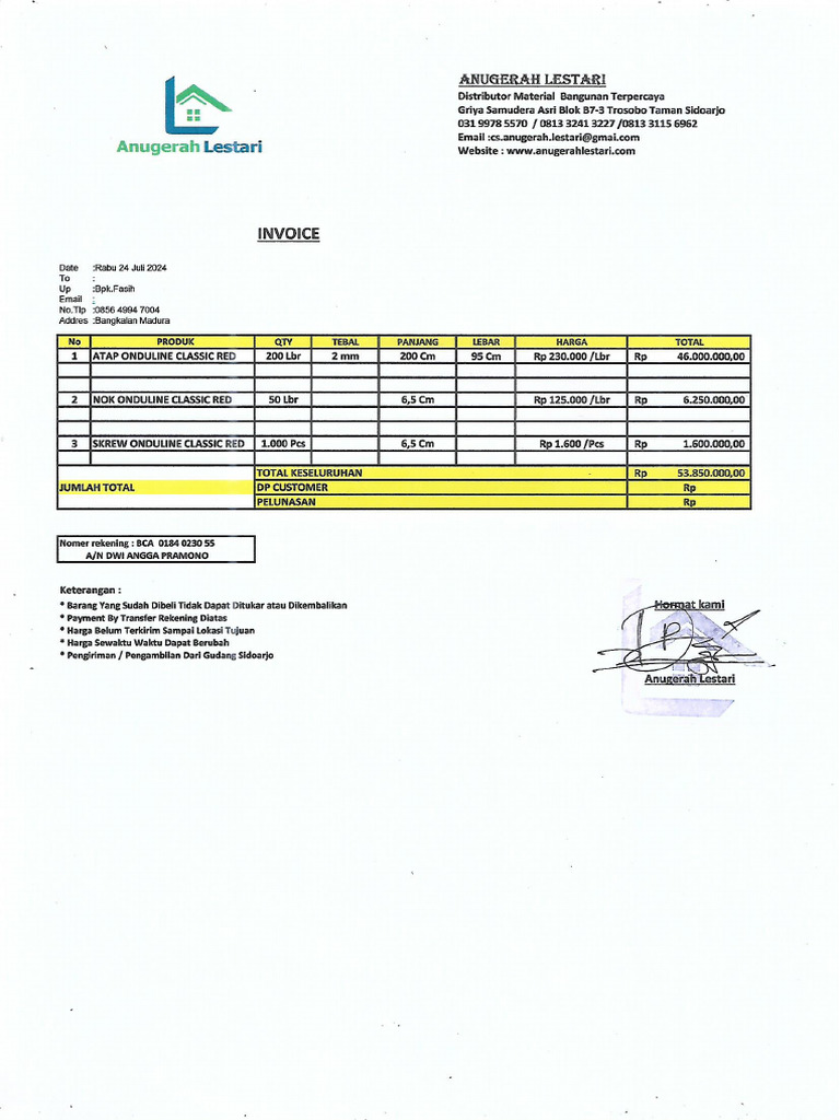 Invoice Atap Onduline Bpk.fasih Bangkalan | PDF