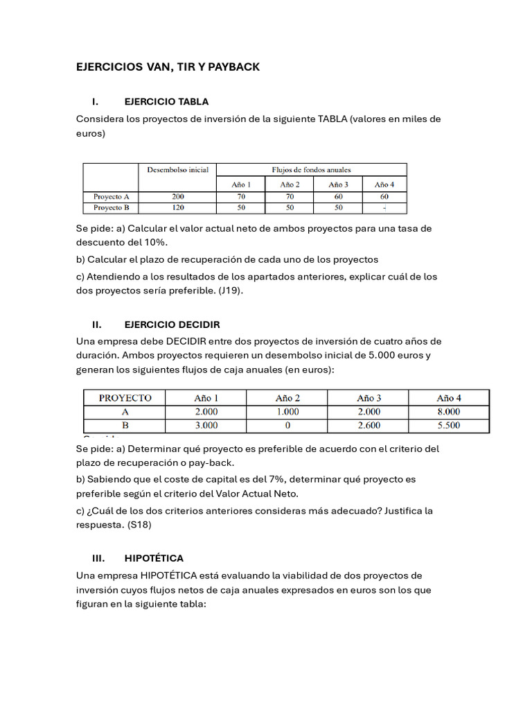 Ejercicios VAN-TIR-Payback | PDF