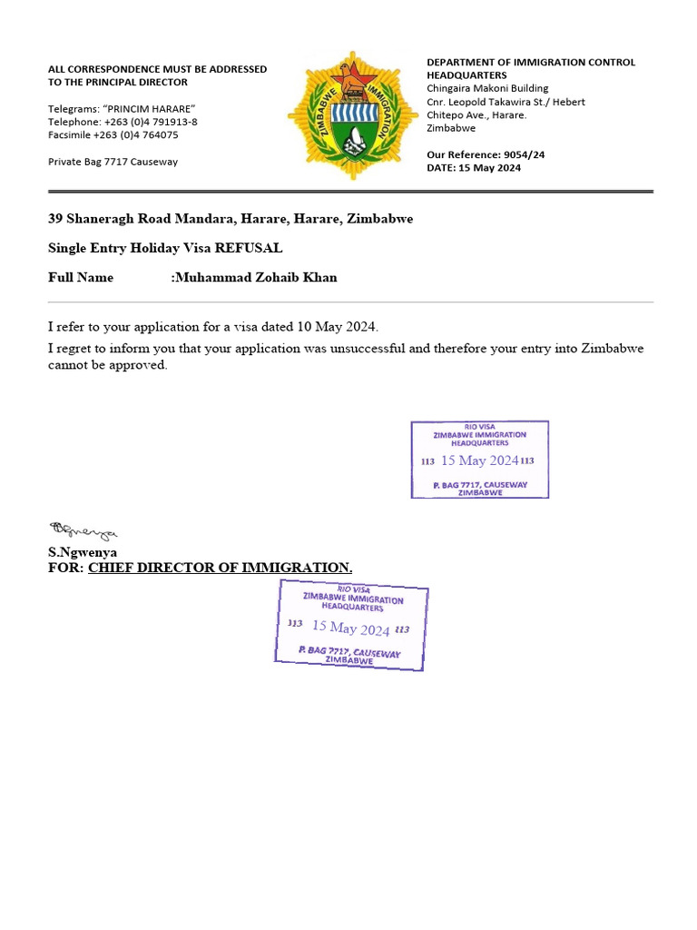 Zohaib Rejection Letter Zim | PDF