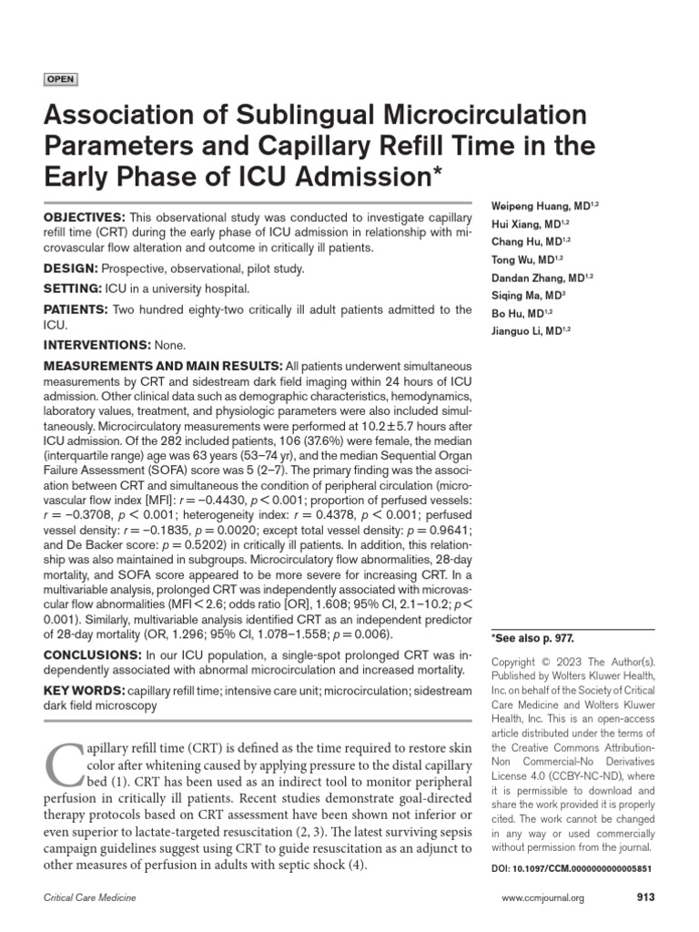 Association of Sublingual Microcirculation Parameters and Capillary ...