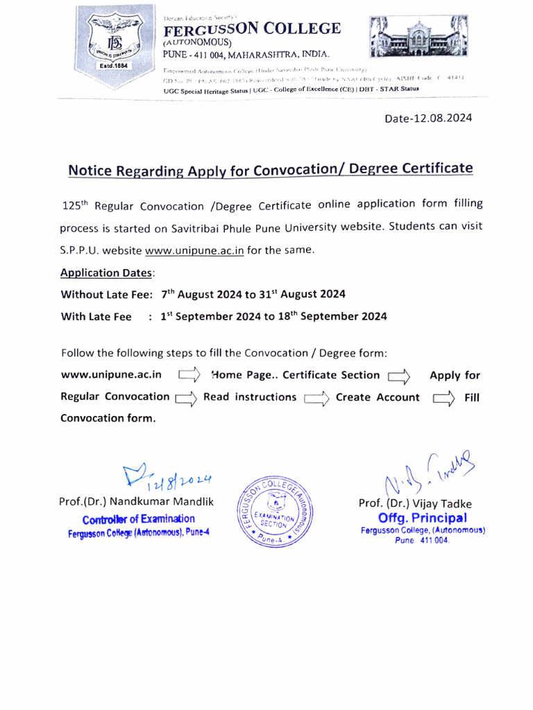 Notice Regarding Apply For Convocation Degree Certificate | PDF