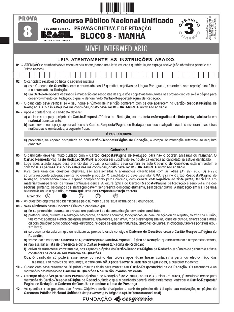 Prova 8 Gabarito 3 Nivel Intermediario Manha | PDF