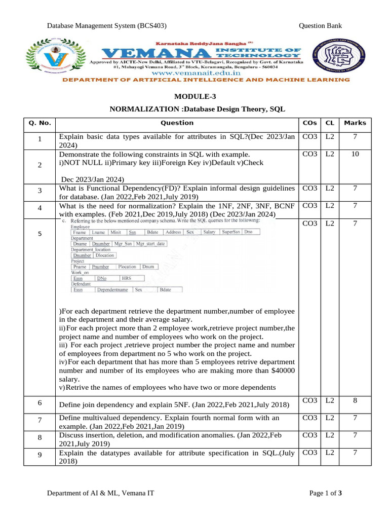 DBMS Module3 QuestionBank | PDF | Sql | Technology & Engineering DBMS Module3 QuestionBank | PDF | Sql | Technology & Engineering