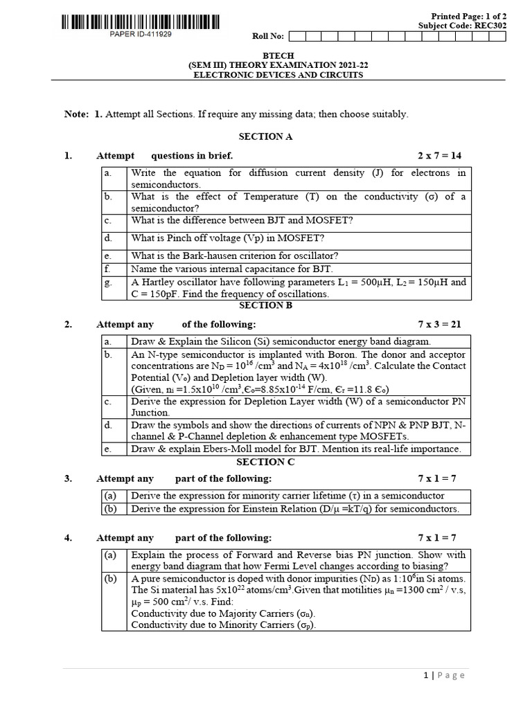 Btech Ec 3 Sem Electronic Devices and Circuits Rec302 2022 | PDF
