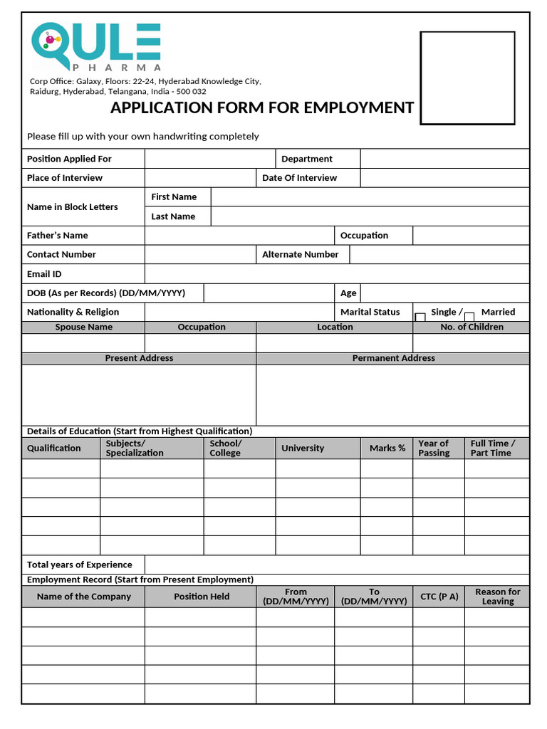 Qule Pharma Employment Application Form | PDF | Justice | Crime & Violence