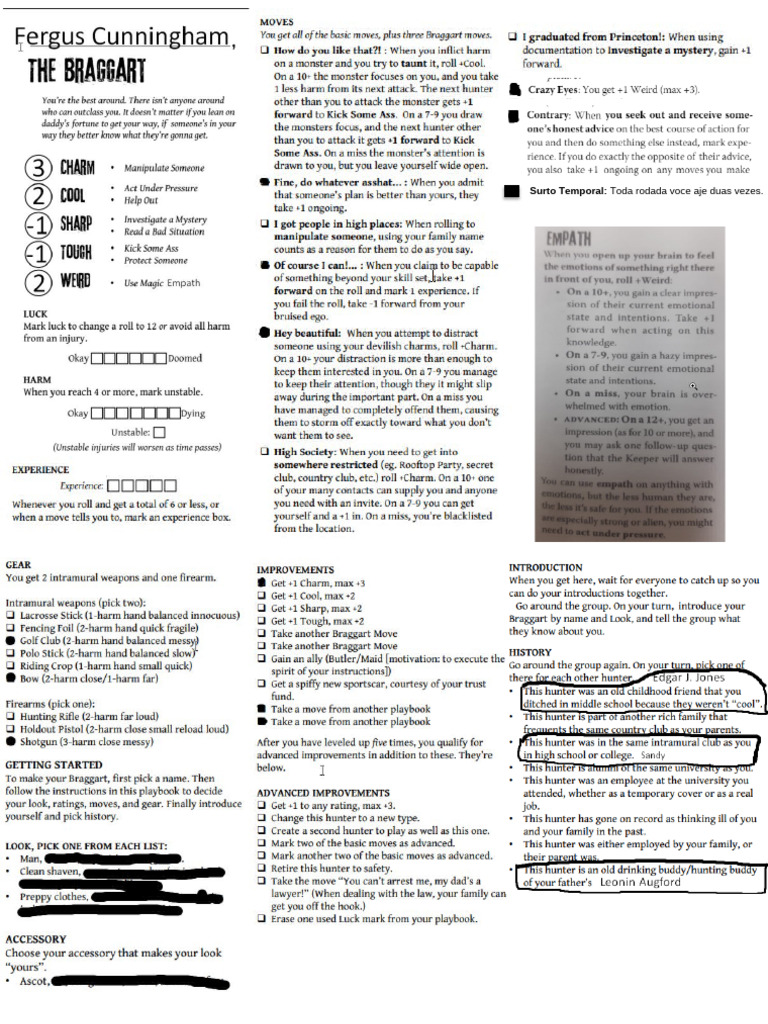 Fergus Cunningham Ficha Monster of The Week | PDF