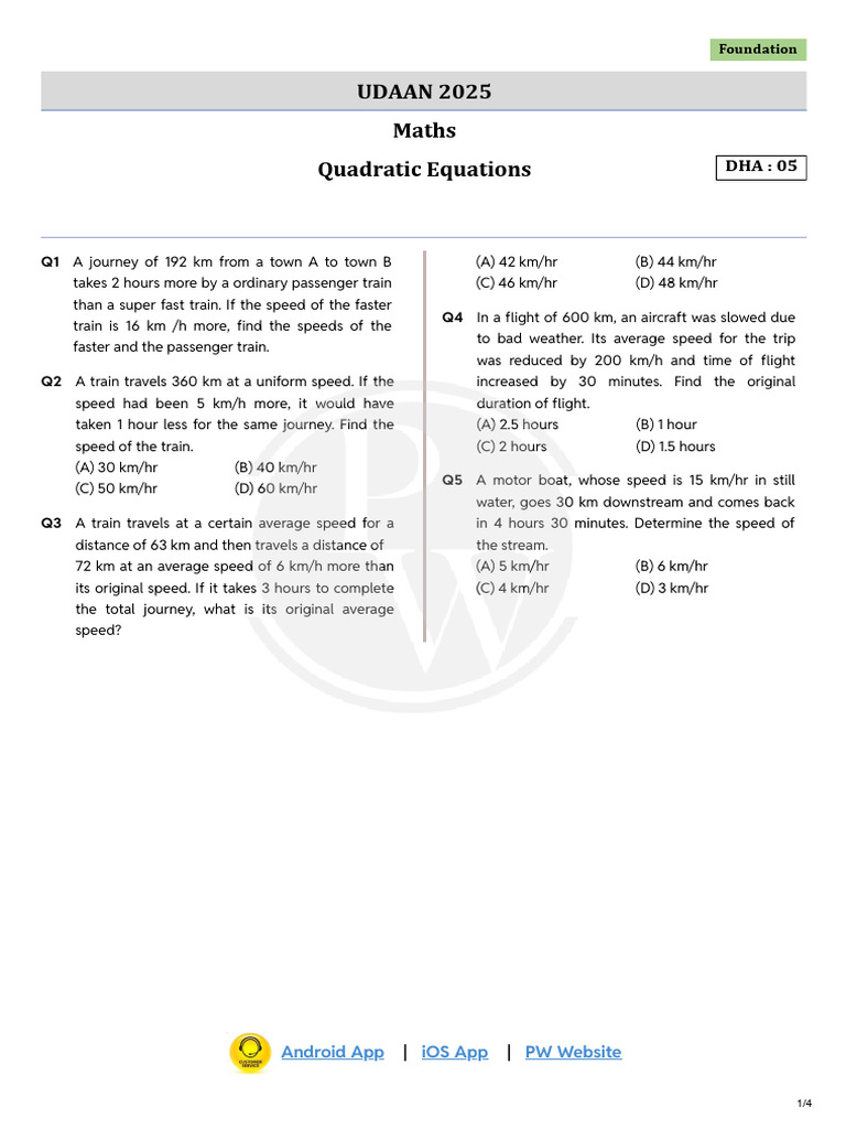 Quadratic Equations - DHA 05 (Of Lecture 06) - Udaan 2025 | PDF
