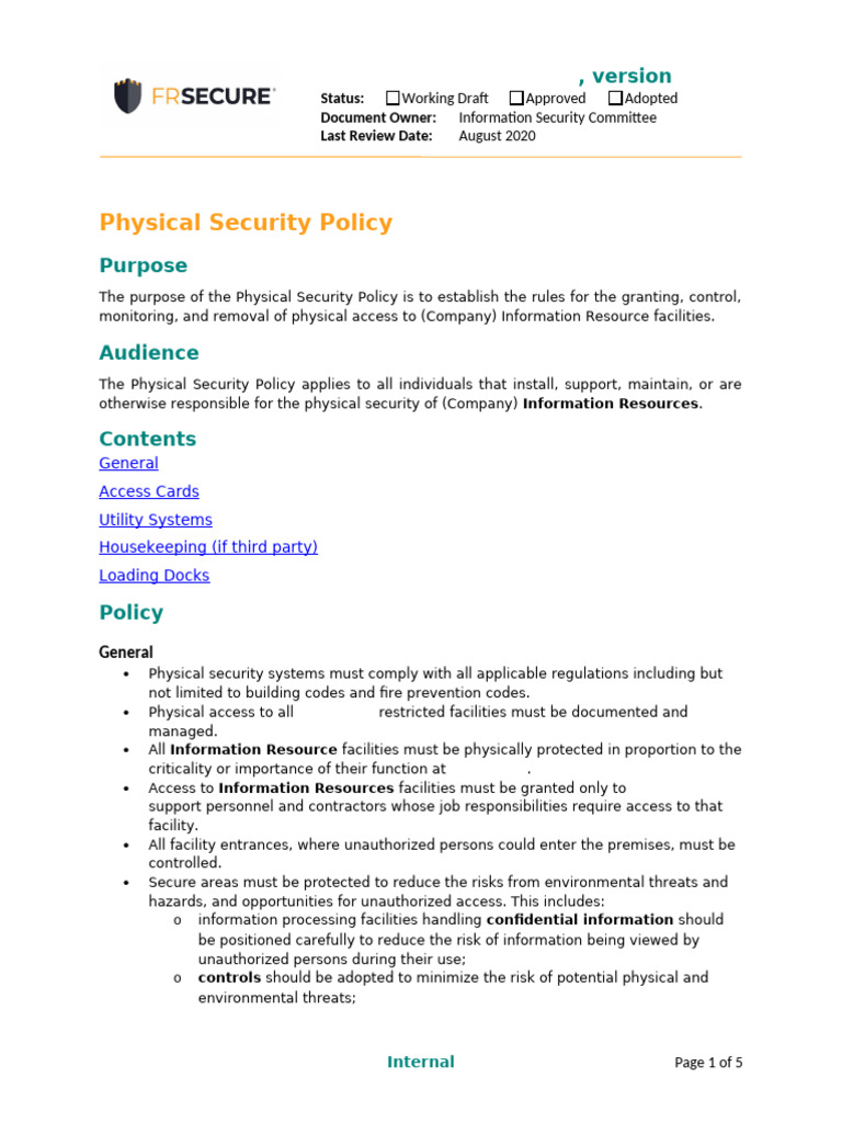 Physical Security Policy Template | PDF | Physical Security | Information Security