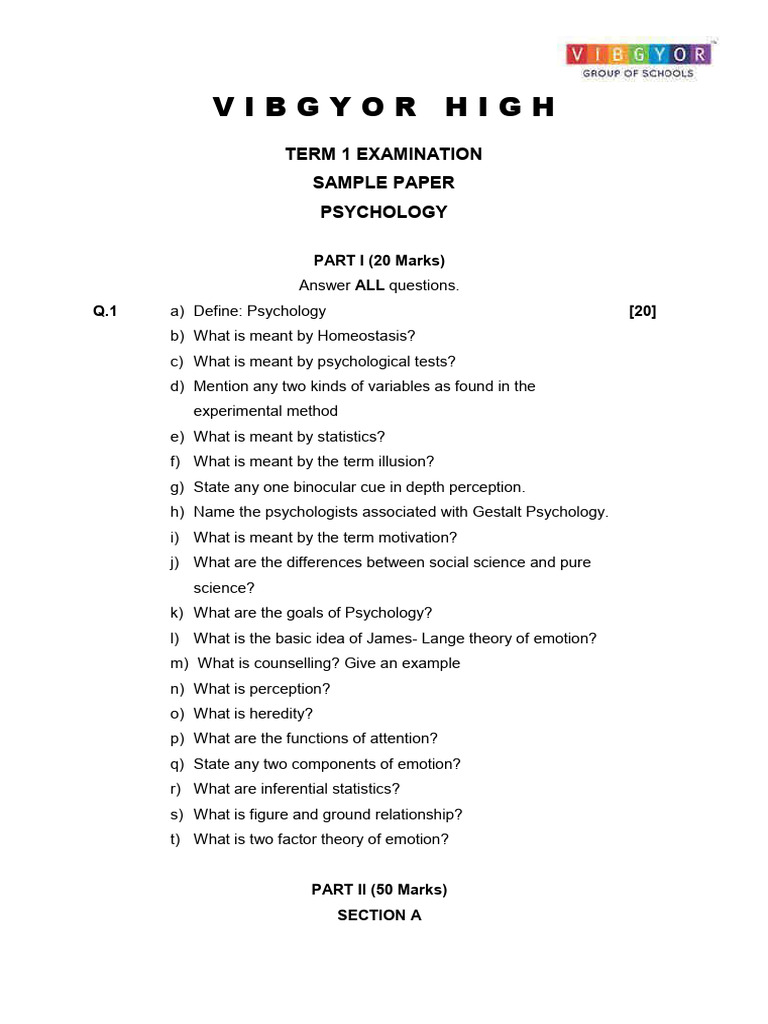 Sample Paper GR 11 Psychology AY 22-23 | PDF