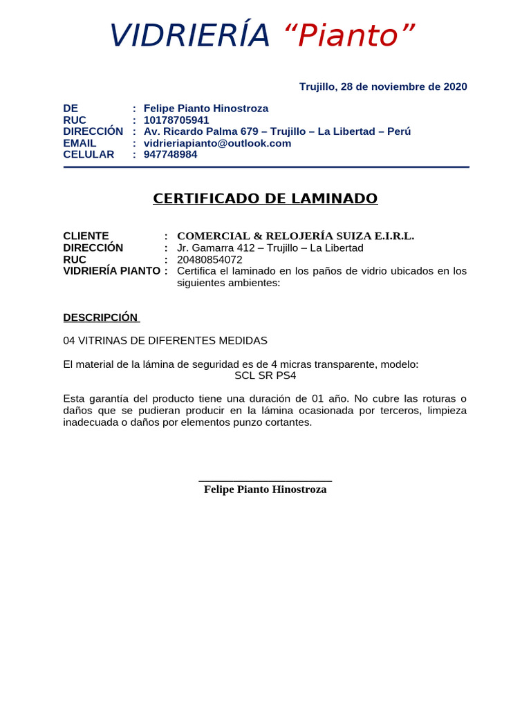Vidrieria Pianto - CERTIFICADO DE LAMINADO | PDF
