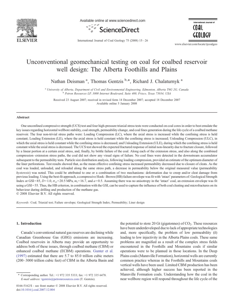 Deisman - Unconventional Geomechanical Testing On Coal For Coalbed ...