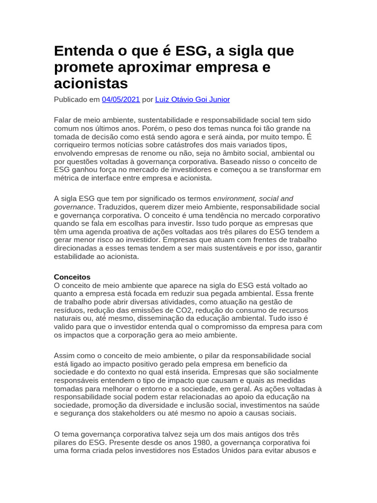 Entenda o Que É ESG, A Sigla Que Promete Aproximar Empresa e Acionistas ...