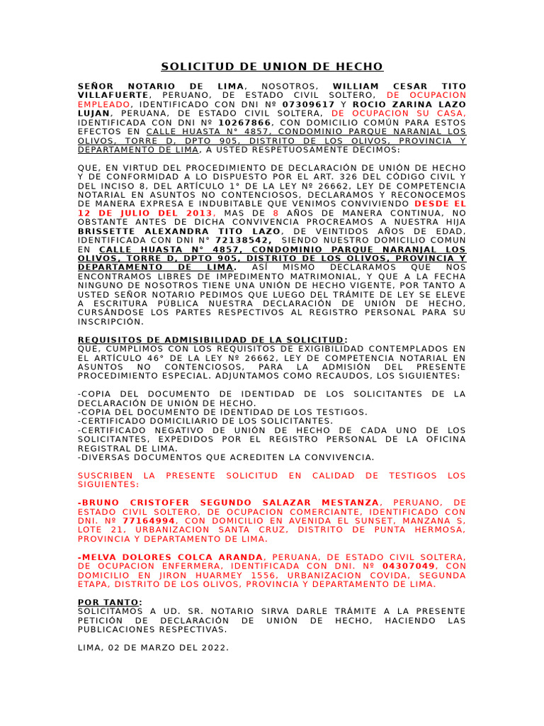 Solicitud de Union de Hecho | PDF
